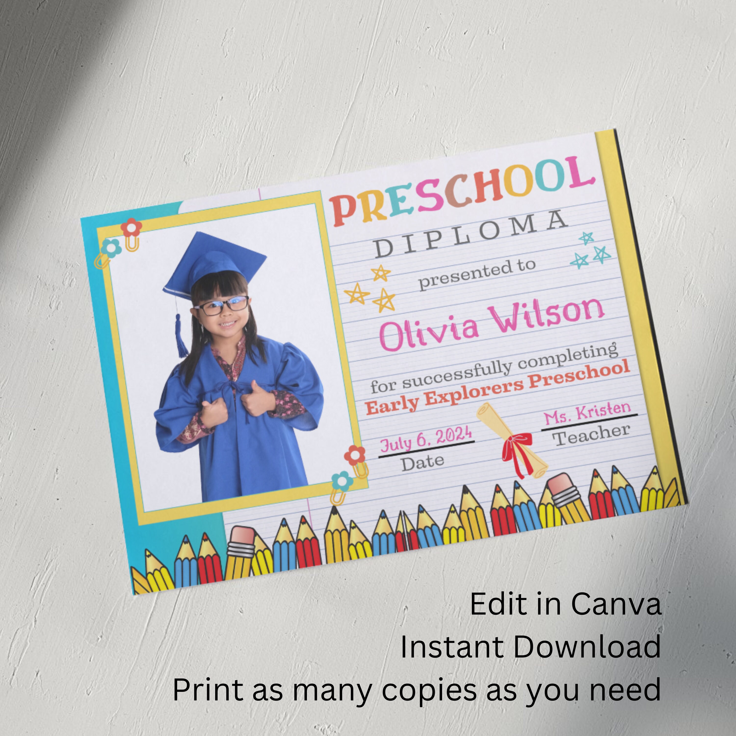 Editable Preschool Diploma With Picture Template Printable Graduation ...
