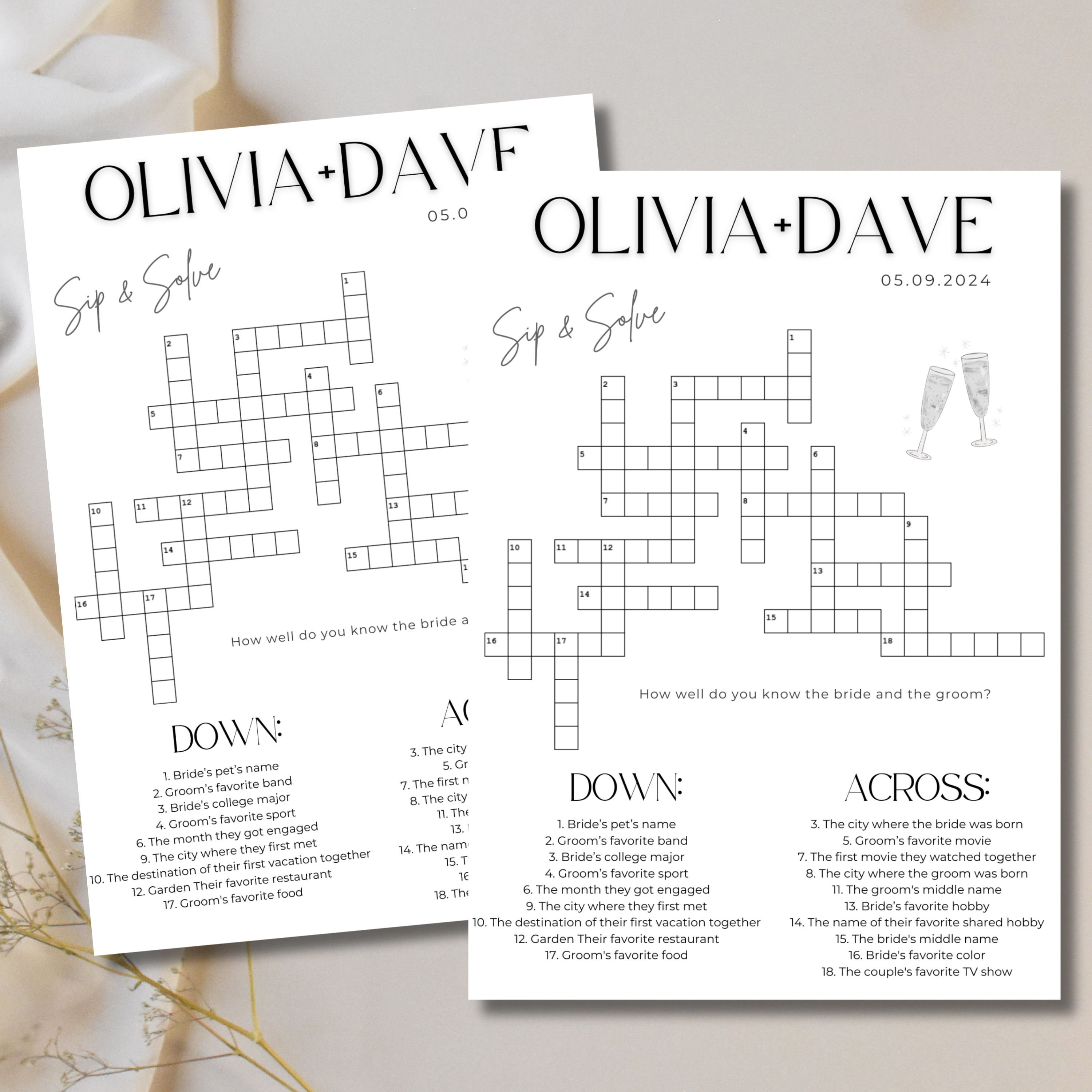 Custom Wedding Crossword Puzzle Bridal Shower Sip and Solve Questions ...