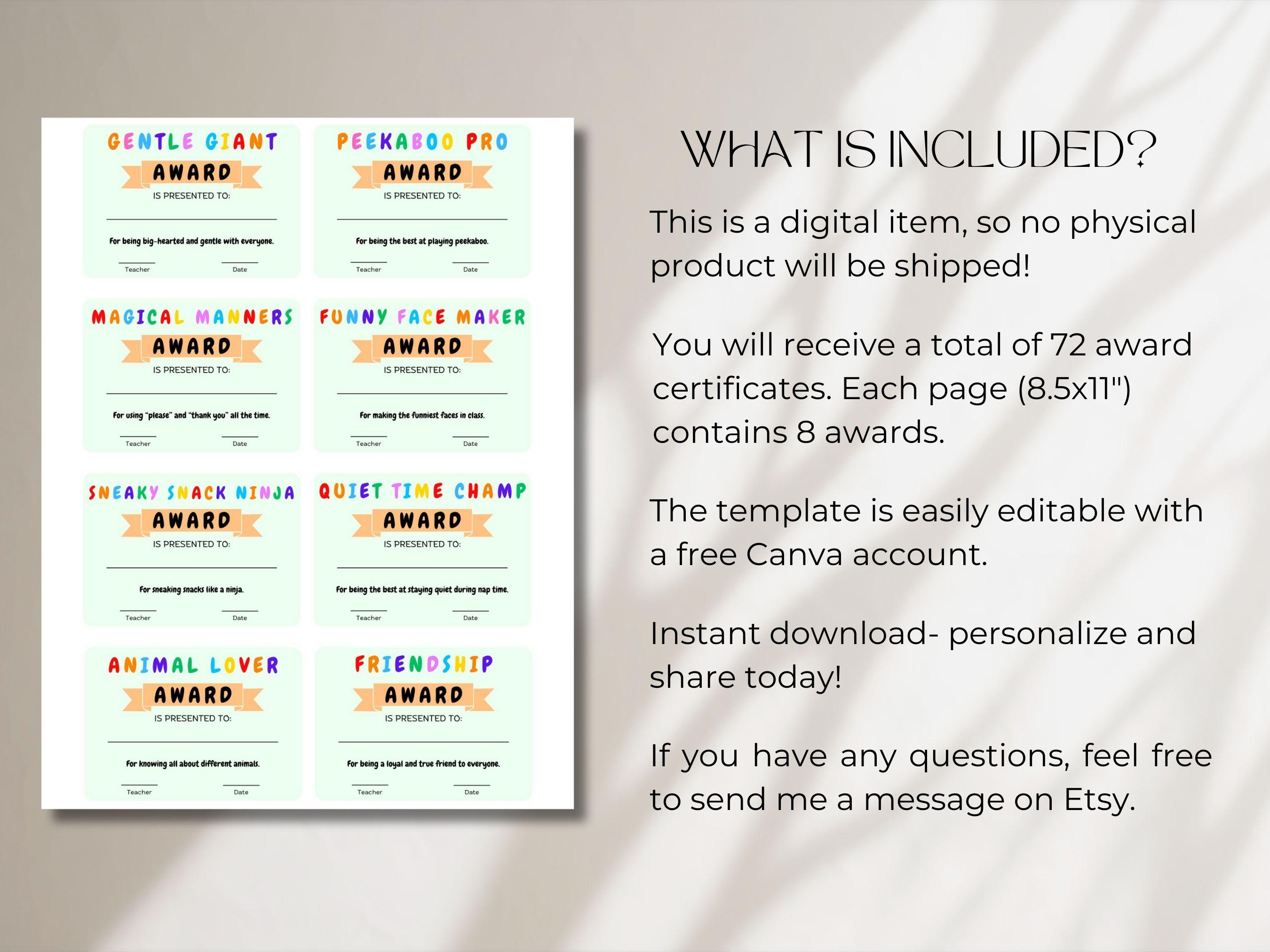 72 Printable Preschool Award Certificates- Editable Classroom Student ...