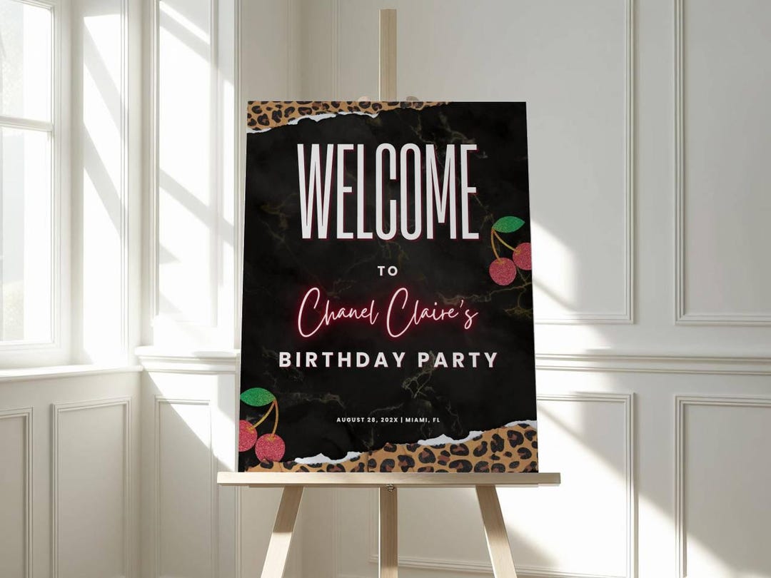 Cheetah Print Birthday Welcome Sign- Editable Leopard Cherry Backdrop ...