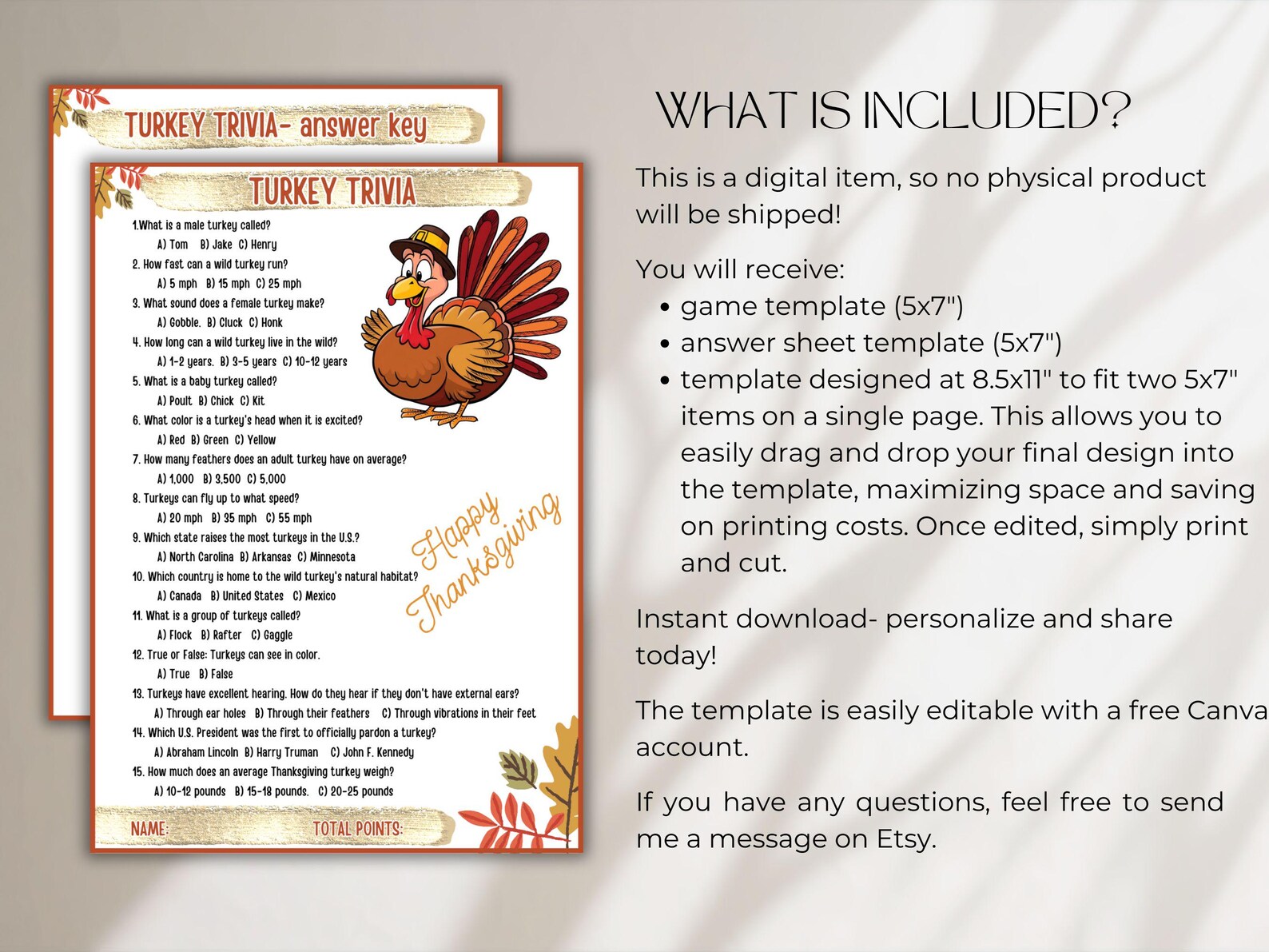 Turkey Trivia Game- Thanksgiving Printable Dinner Table Game, Fall ...