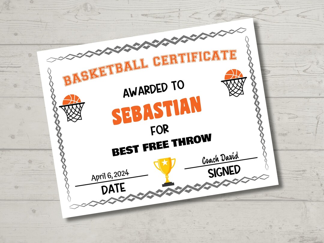 Editable Basketball Sports Certificate; Sports Award; Basketball Award ...