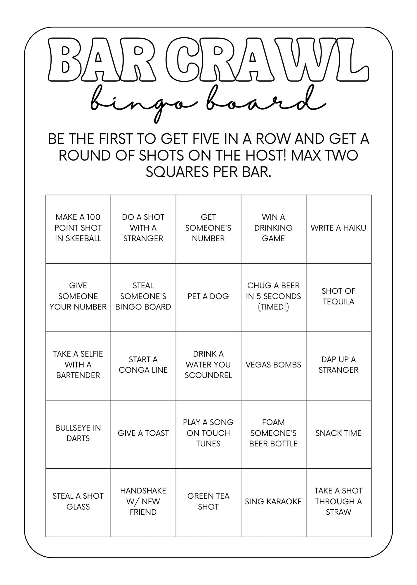 Bar Crawl Bingo Board Digital Download - Etsy