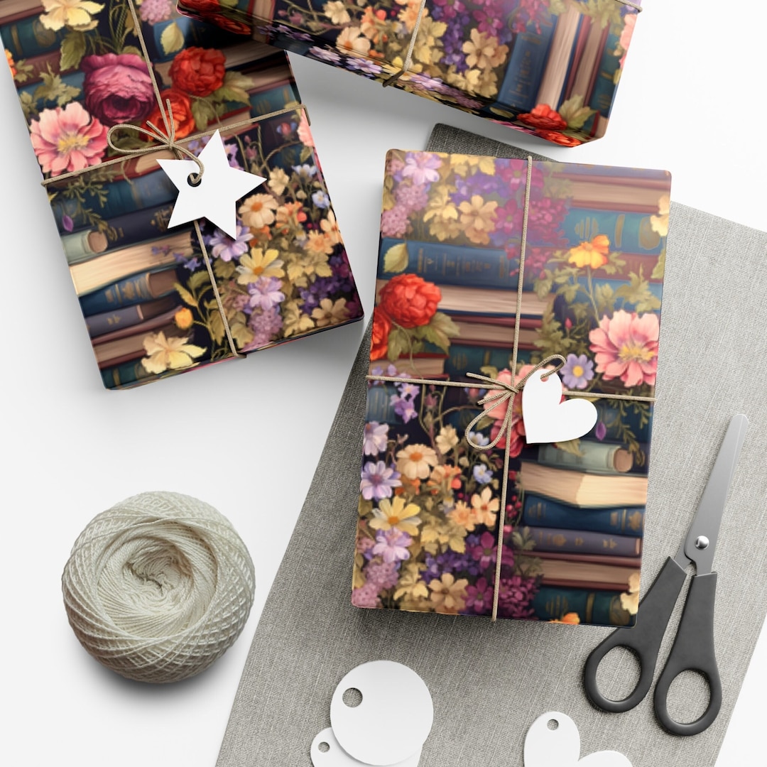 Books Floral Wrapping Paper Reading Gift Wrap Vintage Library Birthday ...