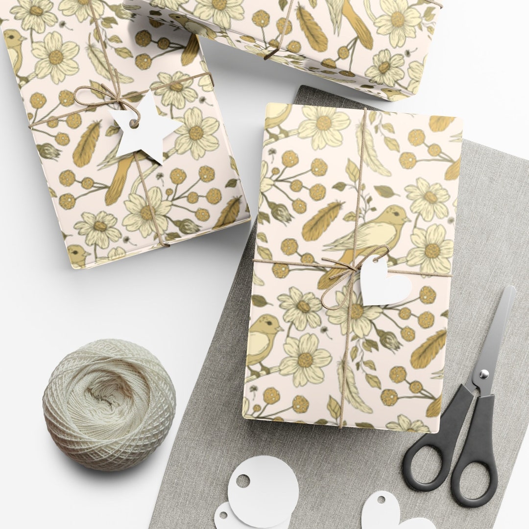 Vintage Inspired Wrapping Paper Yellow Birds Bridal Shower Gift Wrap ...