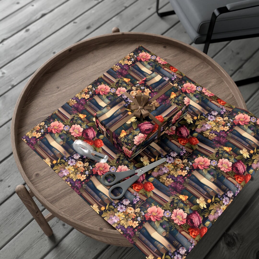 Books Floral Wrapping Paper Reading Gift Wrap Vintage Library Birthday ...