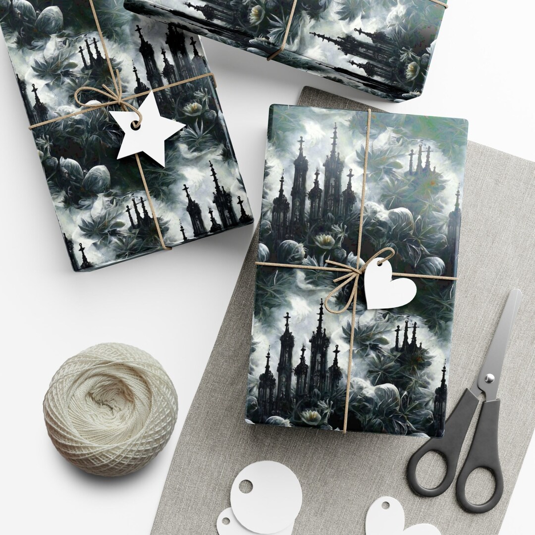 Gothic Christmas Wrapping Paper Fantasy Castle Gift Wrap Black ...