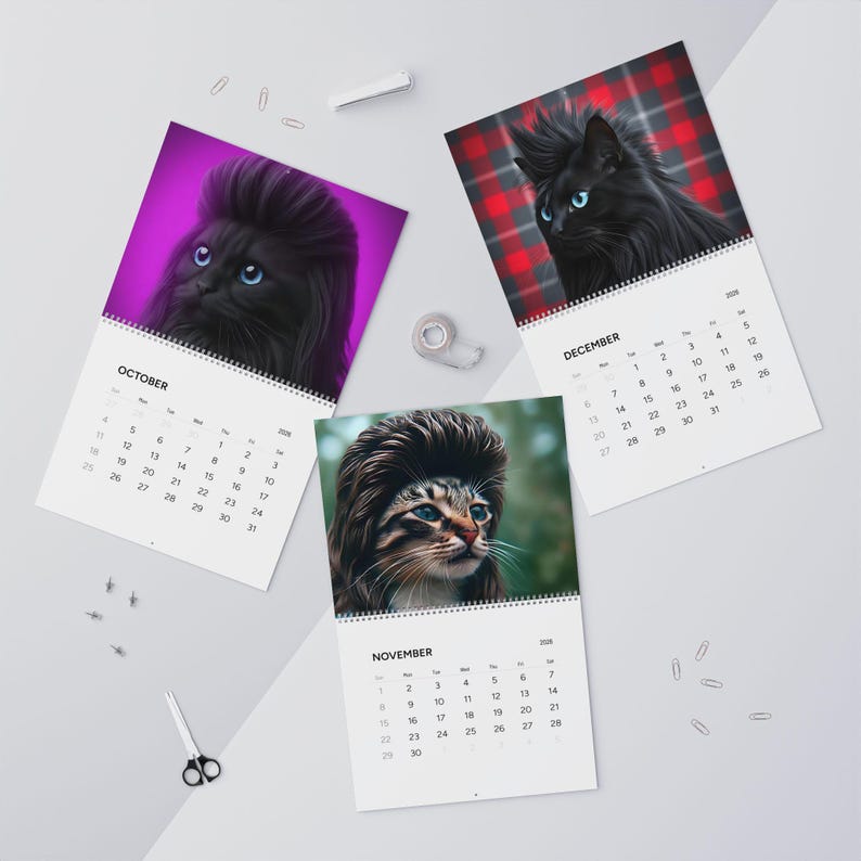 Funny Cat 2026 Wall Calendar, Cats With Mullets, Monthly Calendar, Cat ...