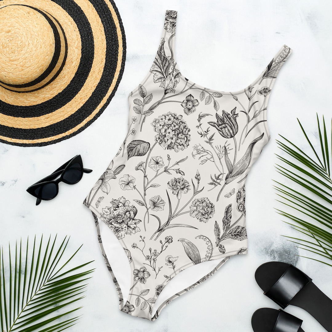 Beige Black Toile Swimsuit Cottagecore Bodysuit One Piece Swimsuit ...