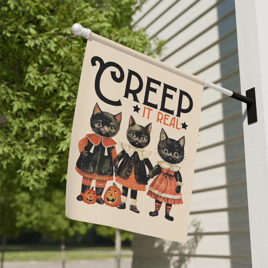 Vintage Halloween Black Cat Garden Flag Creep It Real Primitive ...