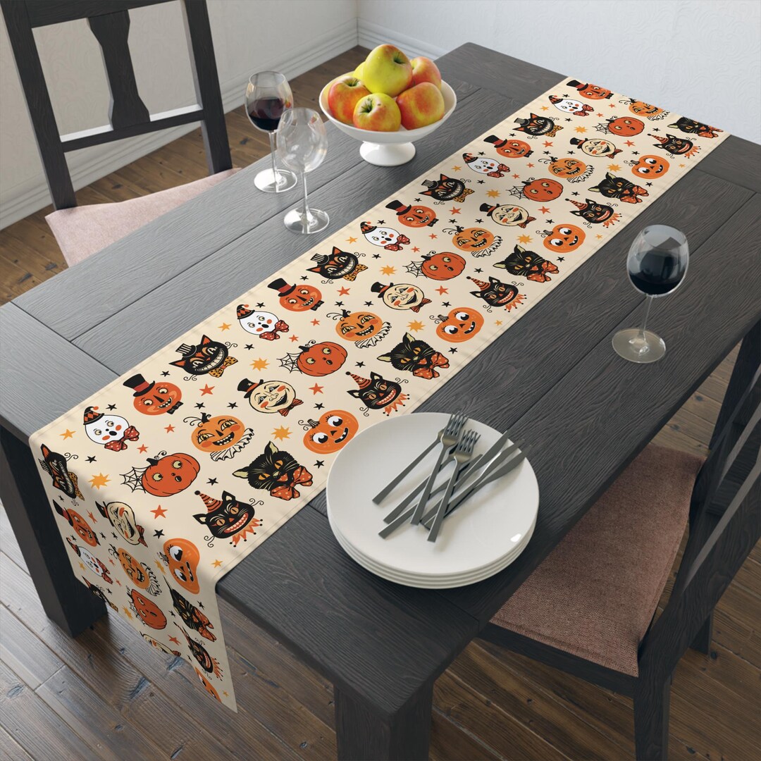 Vintage Halloween Table Runner Primitive Folk Art Retro Halloween Home ...