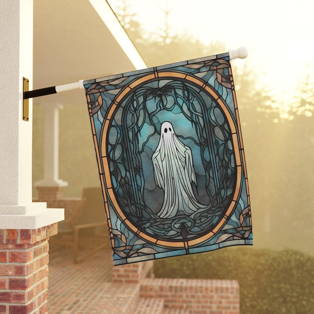 Vintage Style Halloween Garden Flag Stained Glass Creepy Ghost Haunted ...