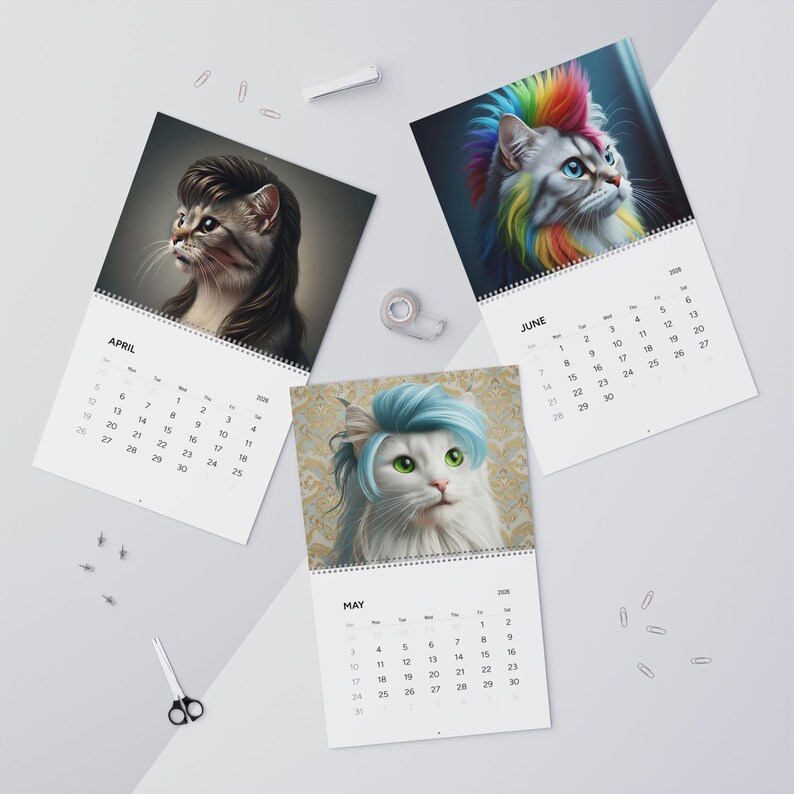 Funny Cat 2026 Wall Calendar, Cats With Mullets, Monthly Calendar, Cat ...