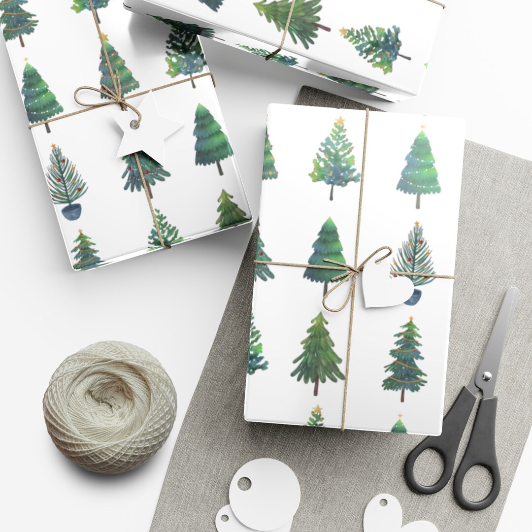 Modern Christmas Tree Wrapping Paper Watercolor Evergreens Gift Wrap ...