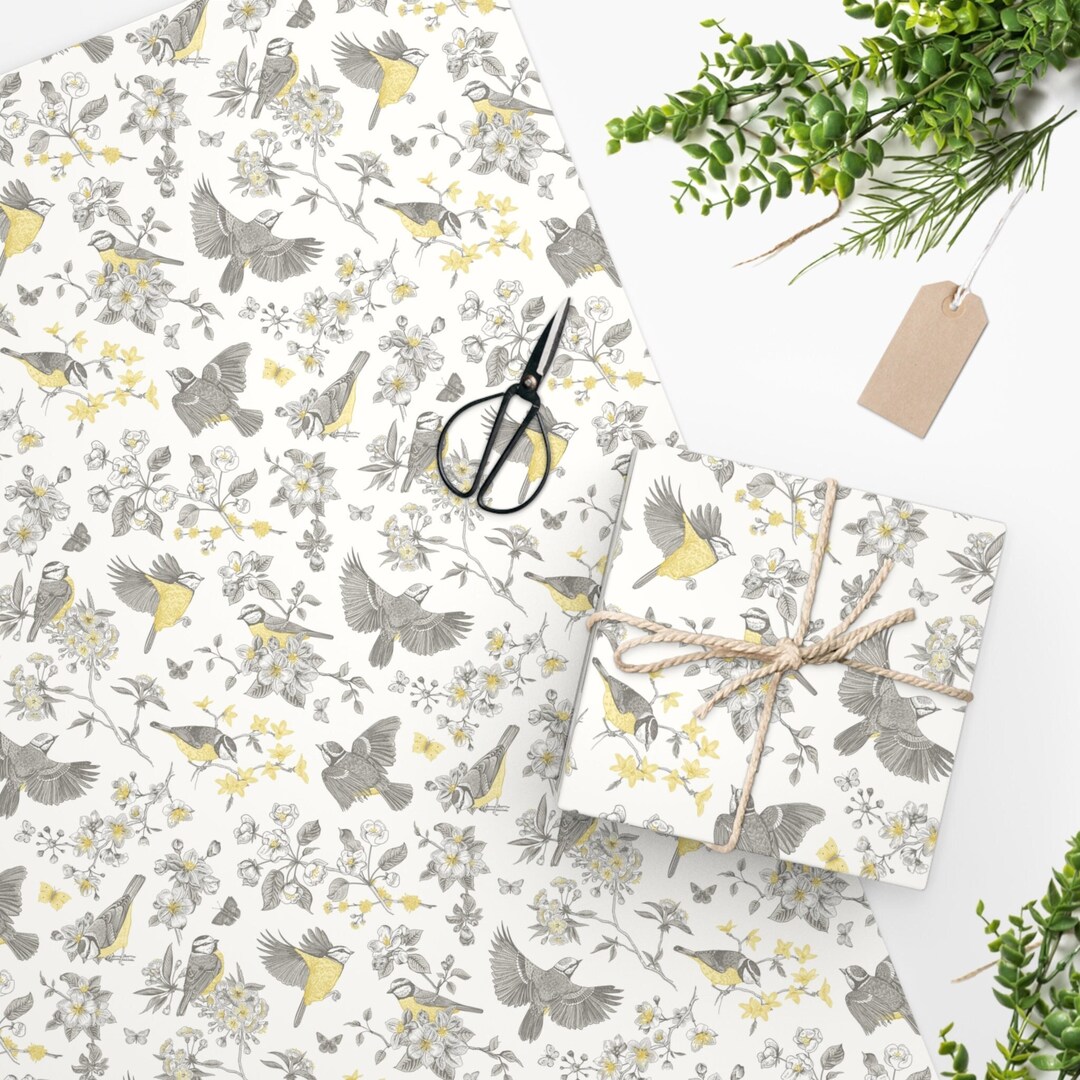 Vintage Inspired Wrapping Paper Yellow Grey Birds Toile Bridal Shower ...
