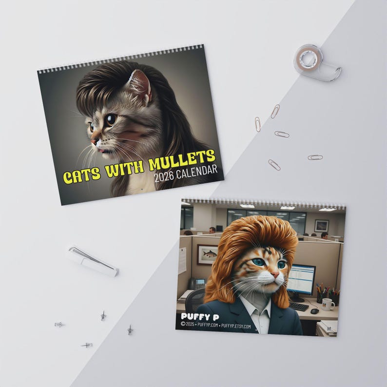Funny Cat 2026 Wall Calendar, Cats With Mullets, Monthly Calendar, Cat ...