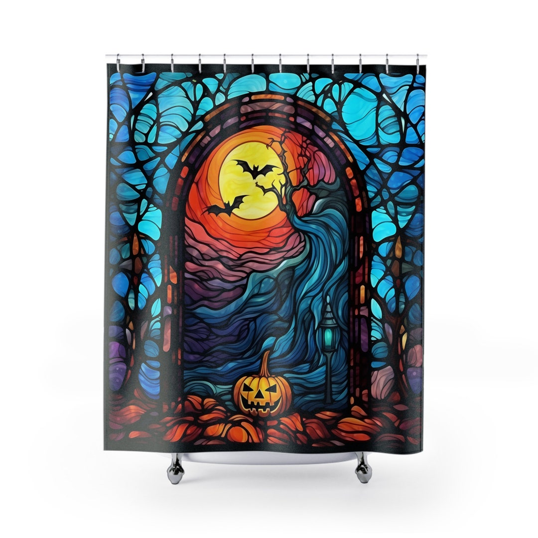 Vintage Halloween Shower Curtain Stained Glass Spooky Pumpkin Etsy