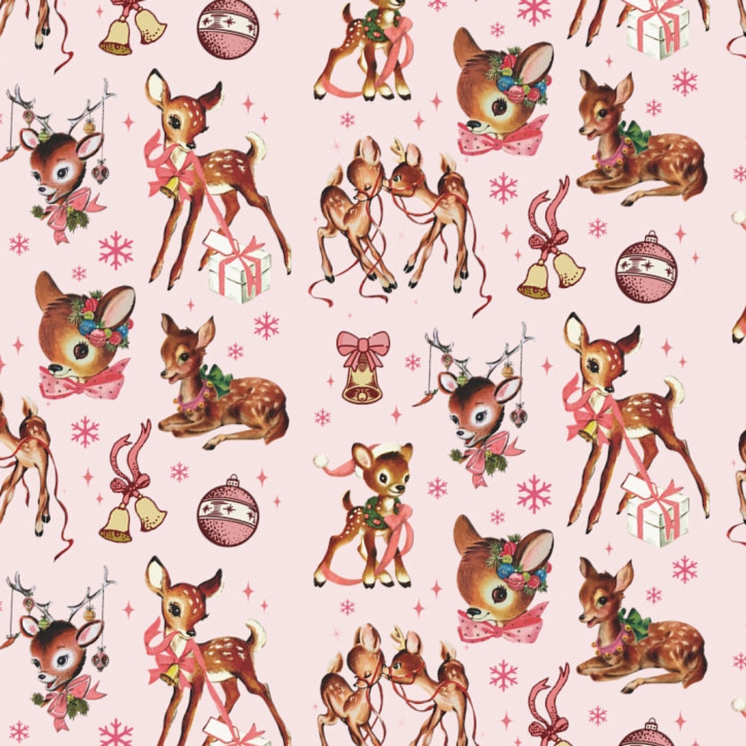 Pink Christmas Wrapping Paper Retro Reindeer Gift Wrap Cute Vintage ...