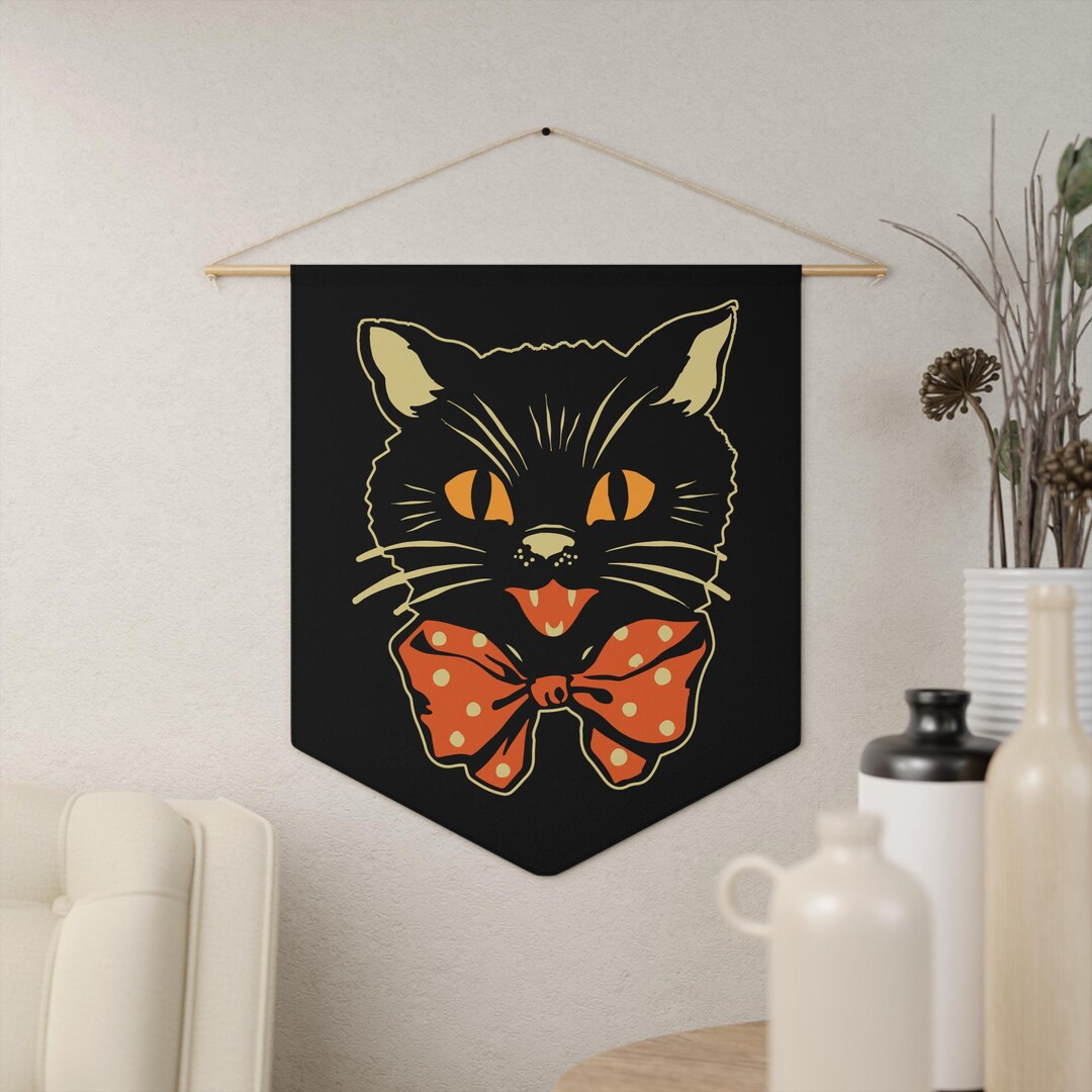 Vintage Halloween Decor Black Cat Pennant Banner Spooky Primitive ...