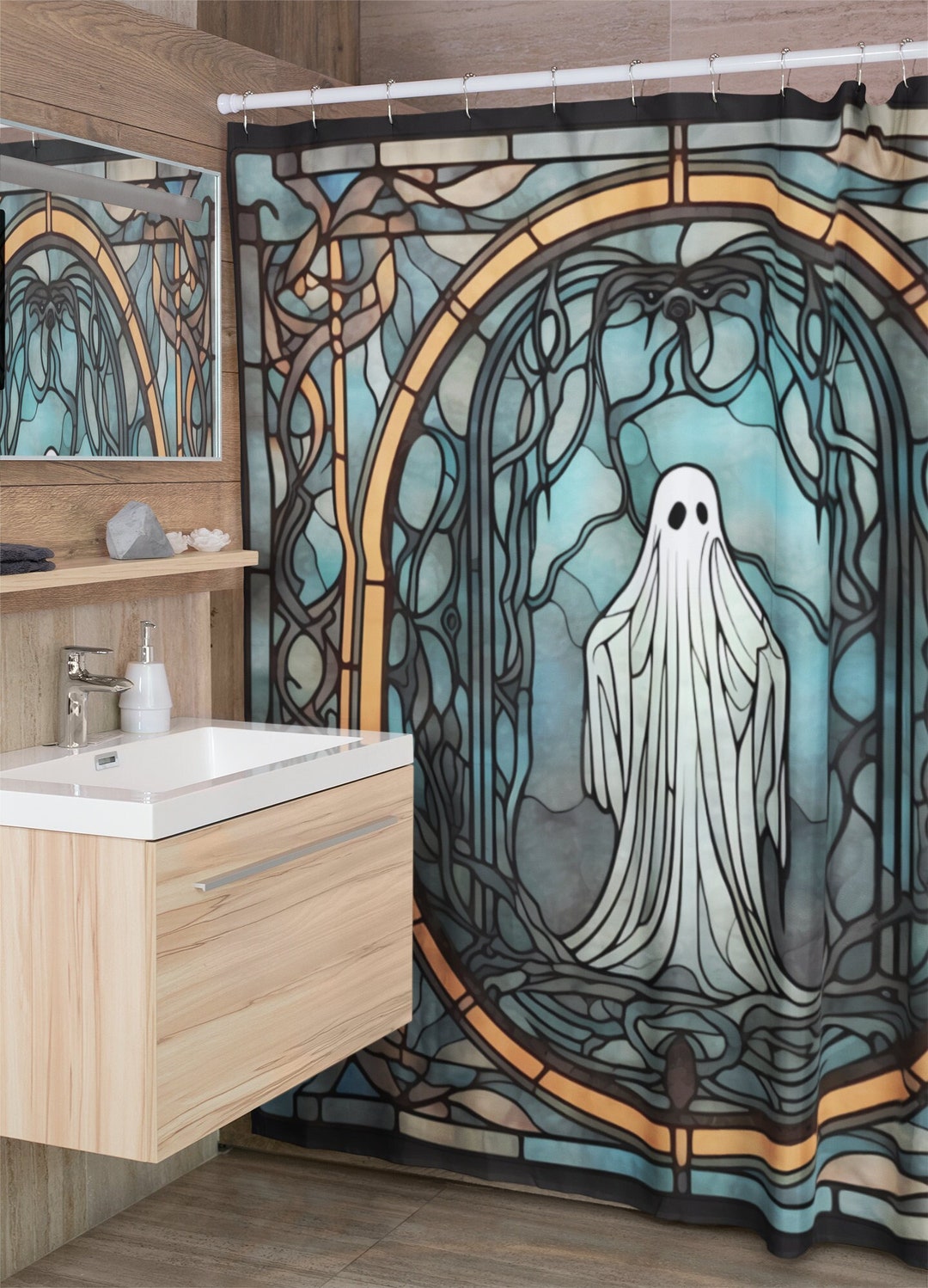 Halloween Shower Curtain Stained Glass Spooky Ghost Gothic Decor Witchy ...