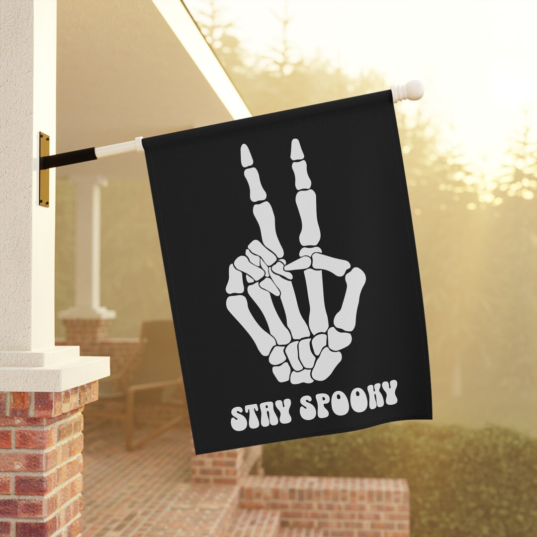 Funny Halloween Garden Flag Stay Spooky Skeleton Peace Sign 90s ...