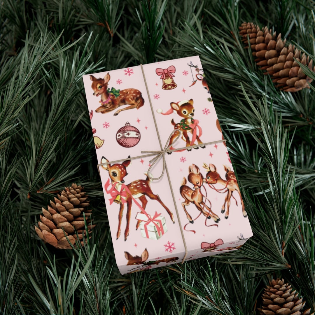 Pink Christmas Wrapping Paper Retro Reindeer Gift Wrap Cute Vintage ...