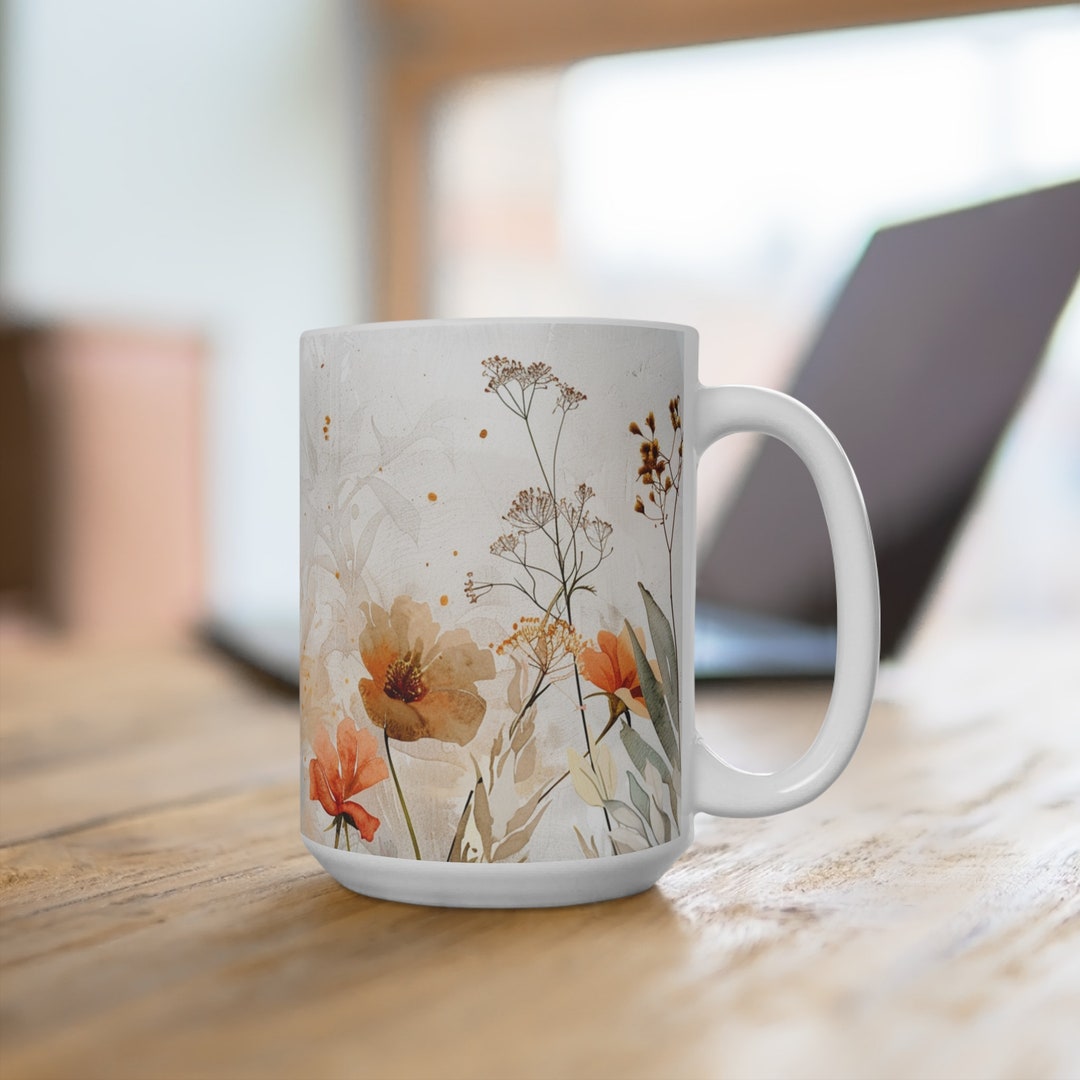Unique Floral Embossed Coffee Mug - Handcrafted Ceramic 15oz Cup ...