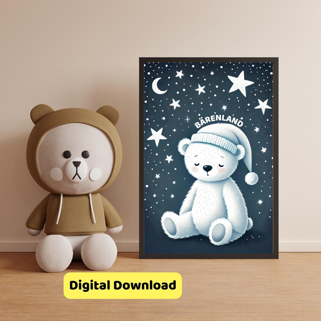 Children's Room Poster White Bear With Sleepyhead and Starry Sky Wall ...