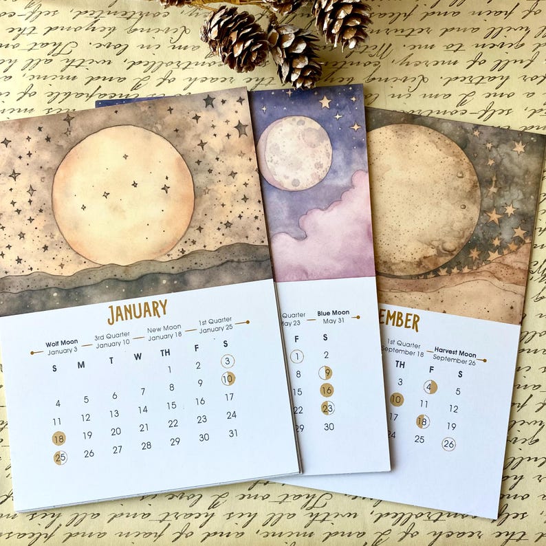 Starry Moon 2026 Kalender und Januar 2027: 15x7 Aquarell Mondphasen ...