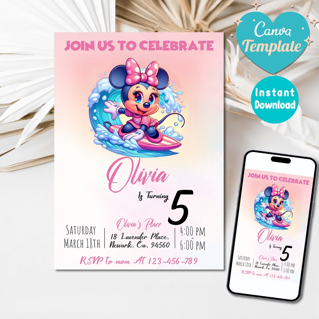 Editable Pink Minnie Mouse Birthday Invitation, Printable Invitation ...