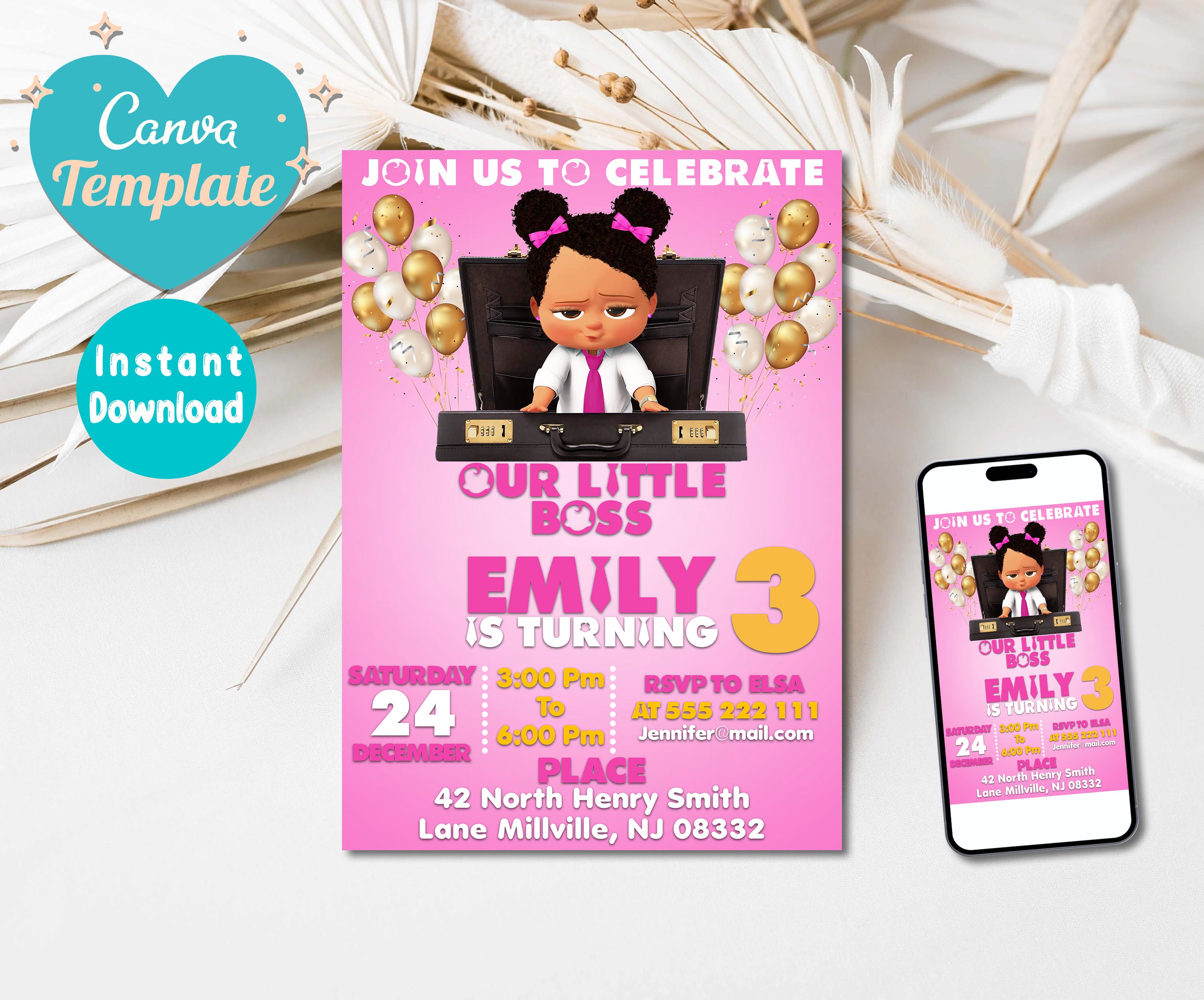 Editable Baby Boss Girl Birthday Invitation | Boss Baby Party ...