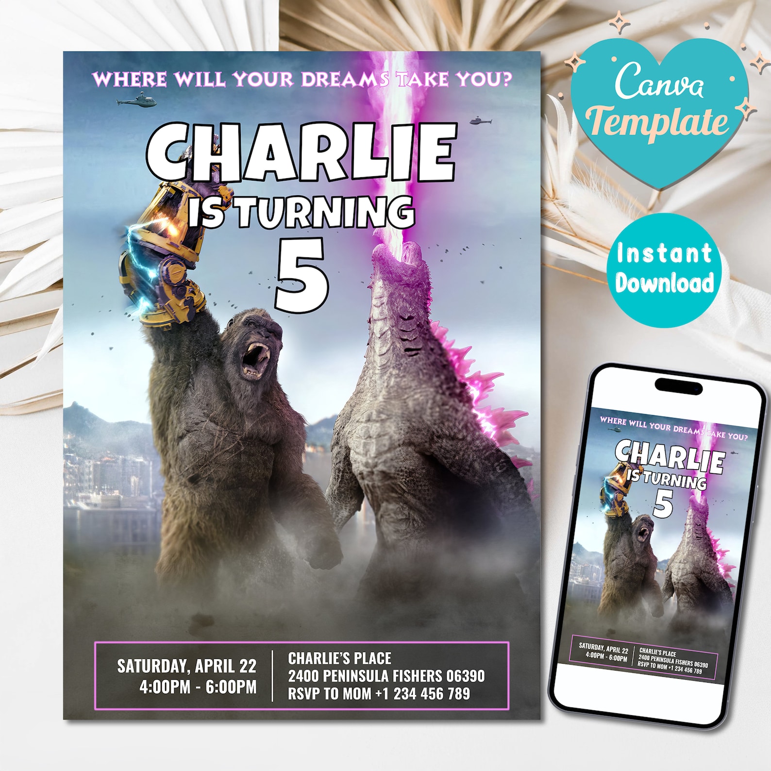 Godzilla X Kong Kids Birthday Party Invite | Godzilla X Kong Invitation ...