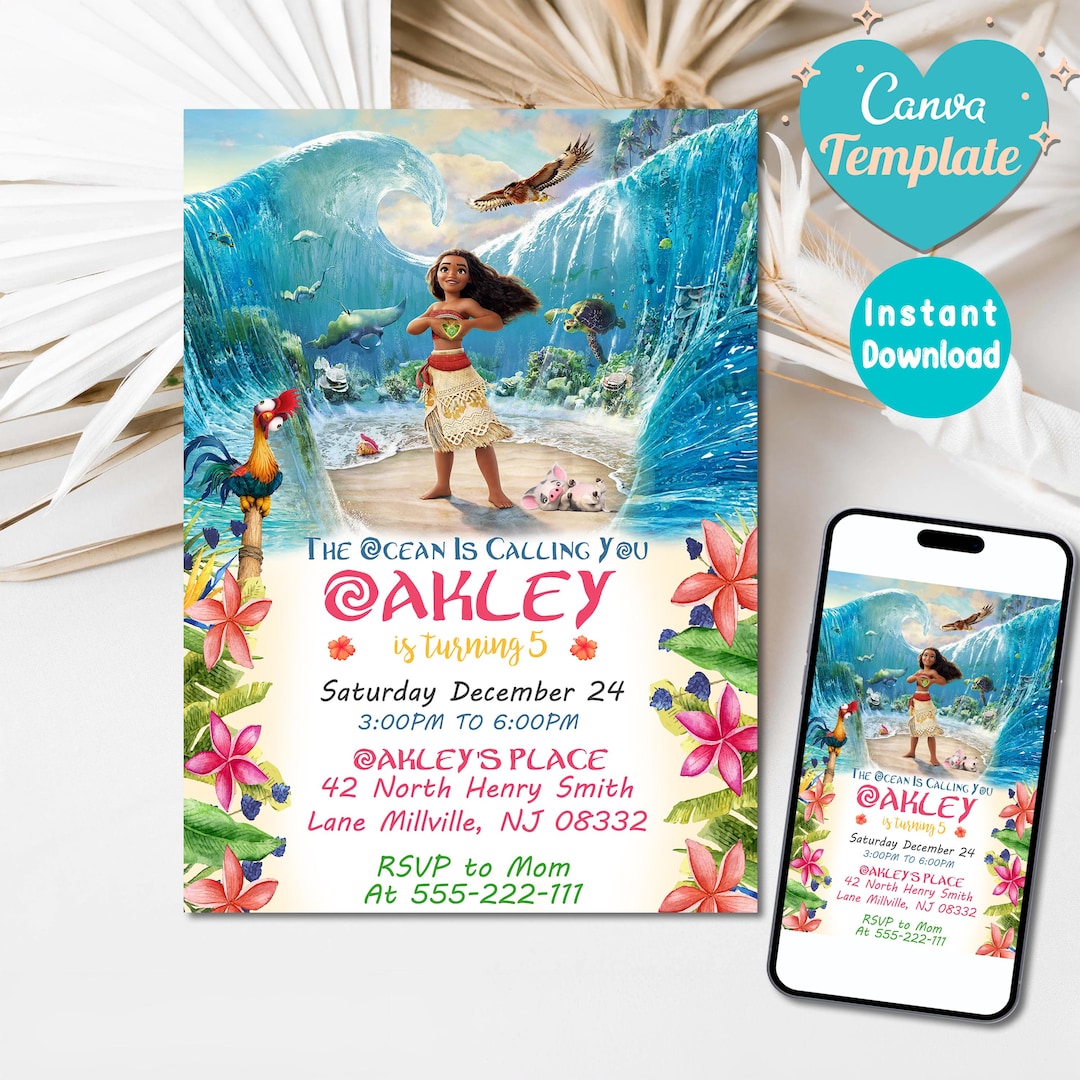 Editable Moana Birthday Invitation, Printable Digital Hawaiian Moana ...