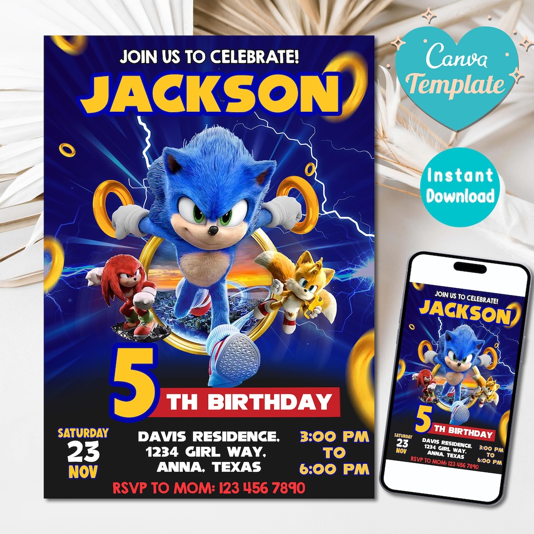 Sonic Editable Birthday Invitation | Hedgehog Party Invitation Template ...