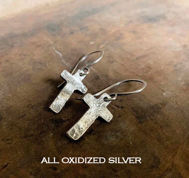Faith Collection Earrings Oxidized fine silver rustic cross | Etsy