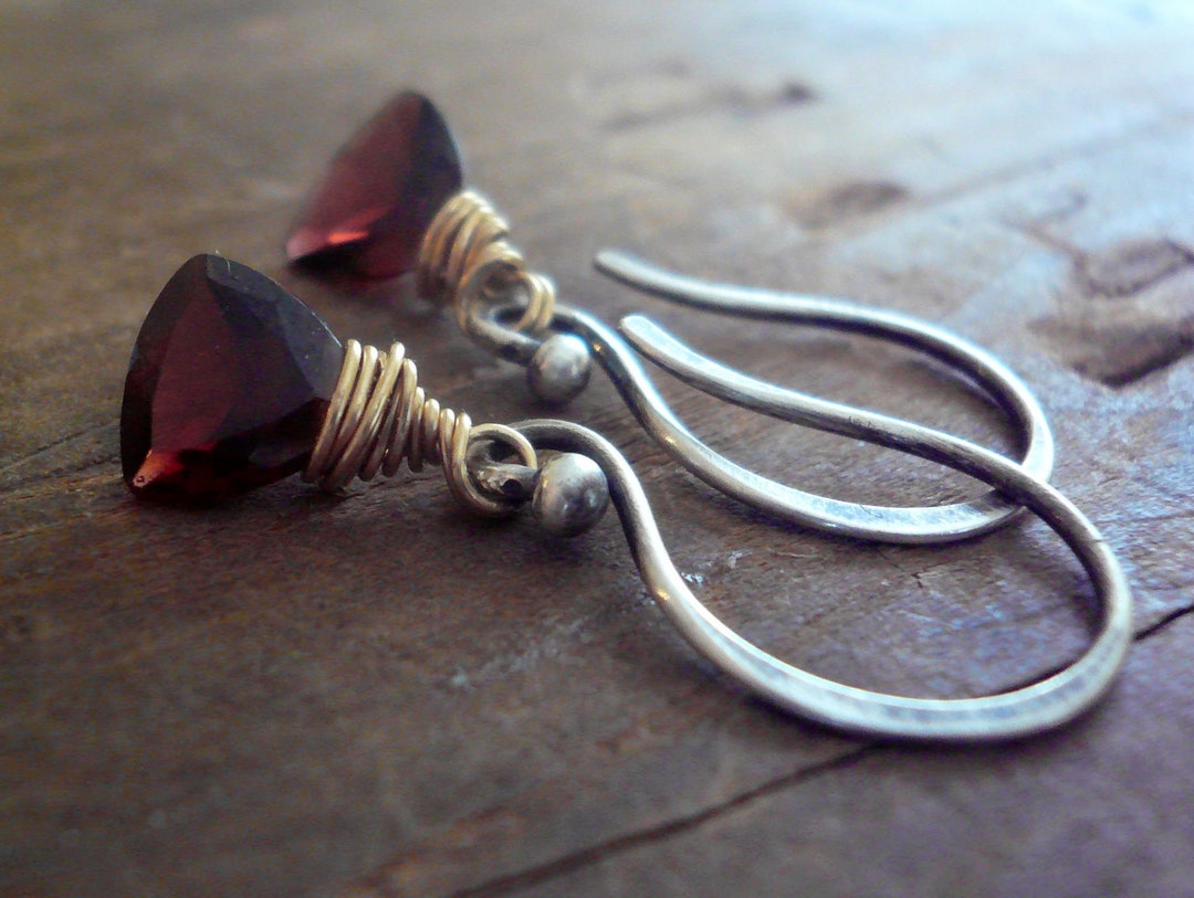 January Earrings - Handmade. Garnet. Mixed Metals. Oxidized Fine Silver ...