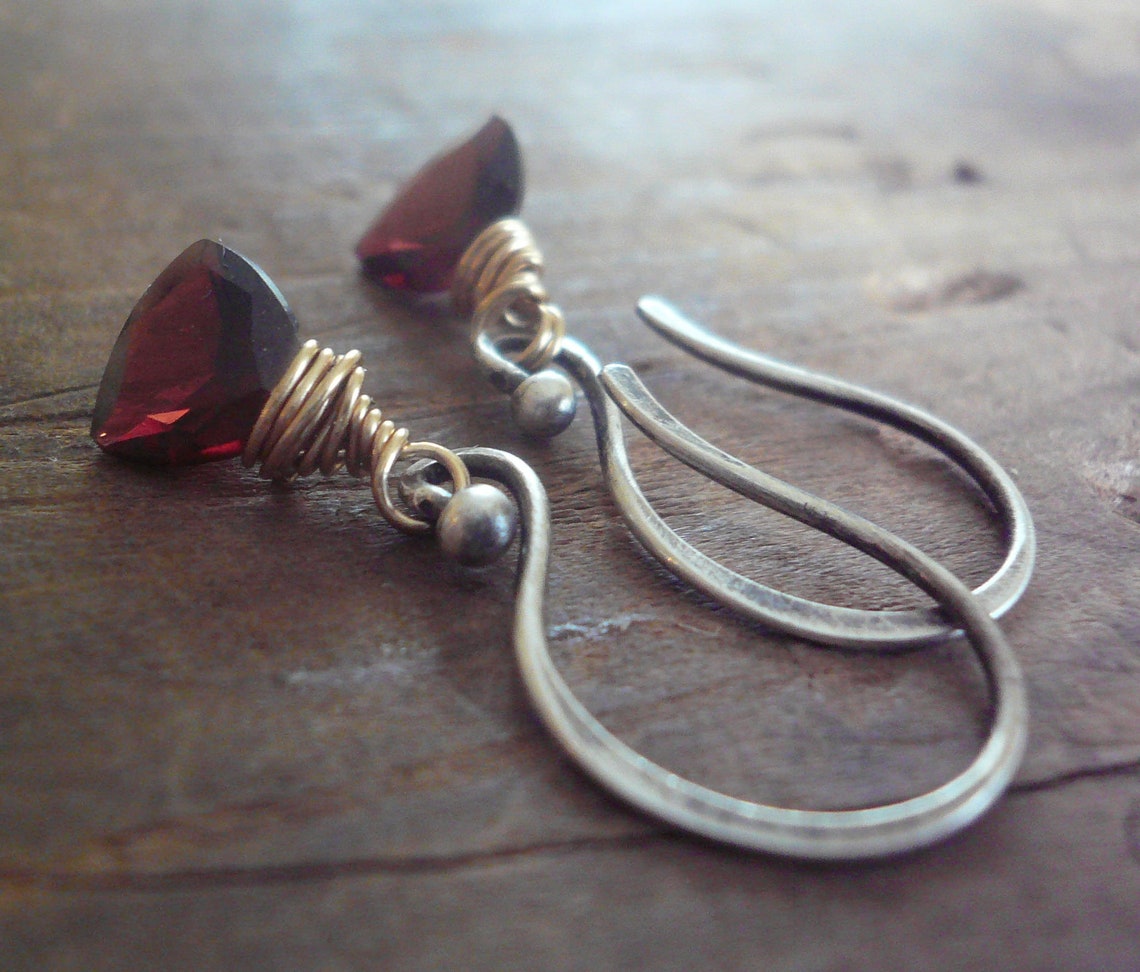 January Earrings Handmade. Garnet. Mixed Metals. Oxidized - Etsy
