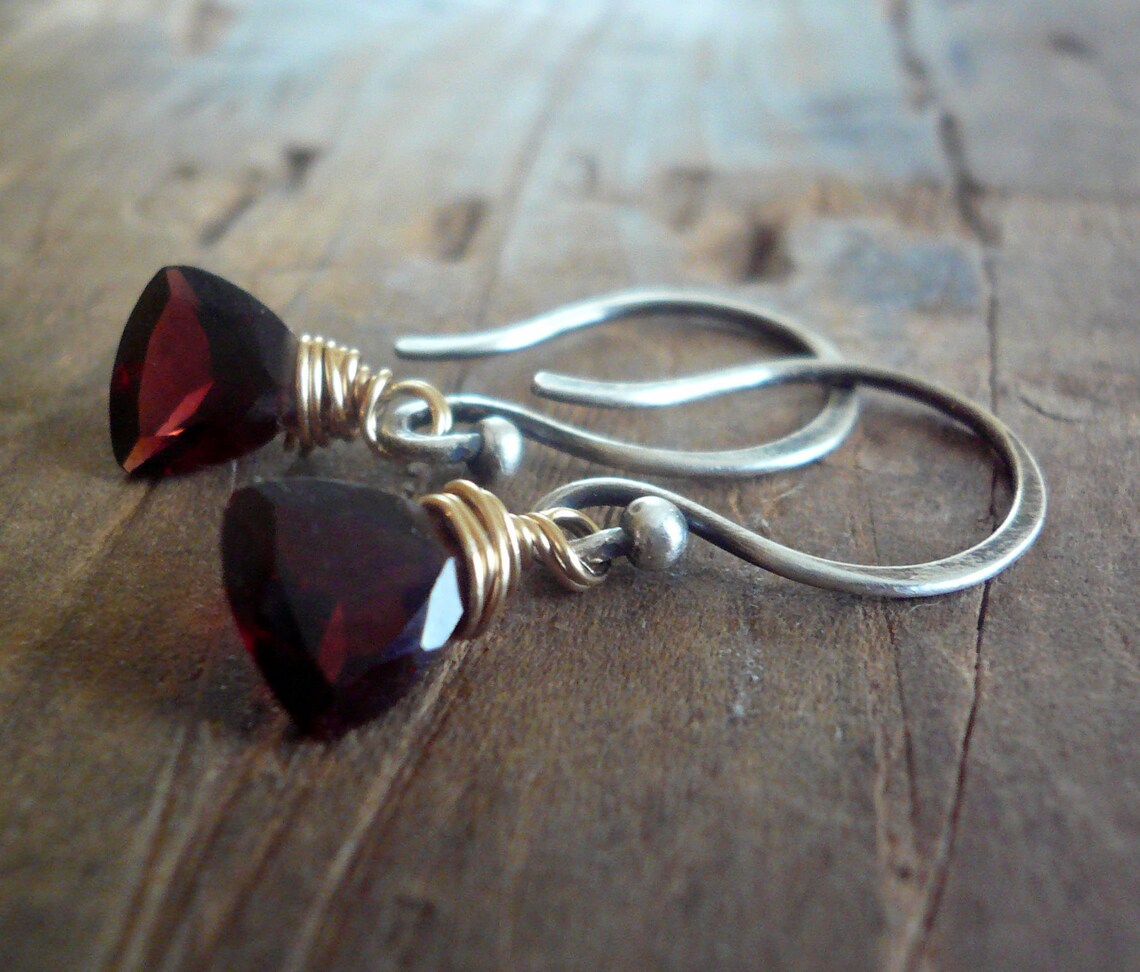 January Earrings Handmade. Garnet. Mixed Metals. Oxidized - Etsy