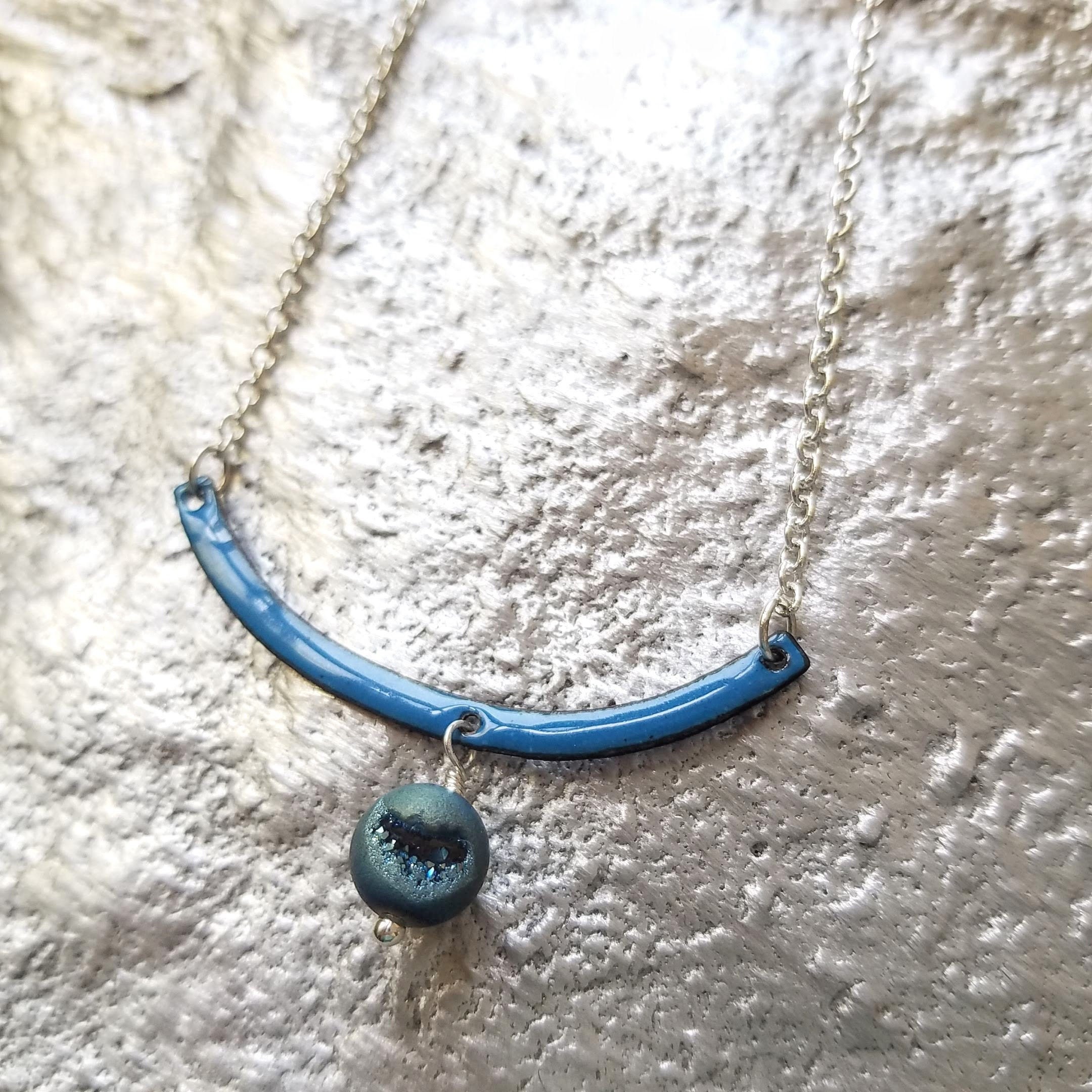 Peacock Blue Enamel Arc Necklace With Druzy Bead Charm, 18 Inch ...