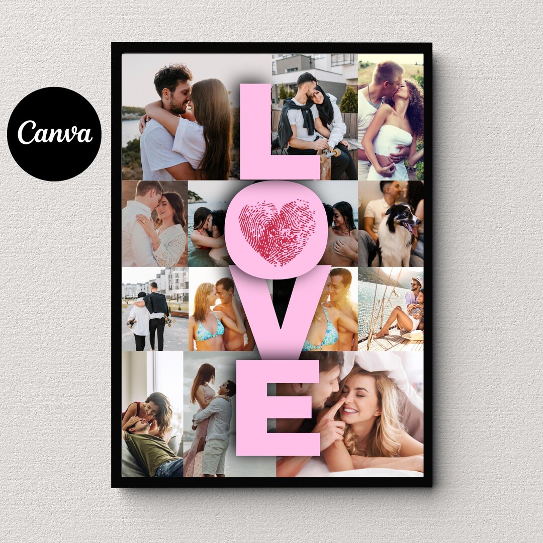 LOVE Heart Photo Collage Template Canva Pink Wedding Gift Personalized ...