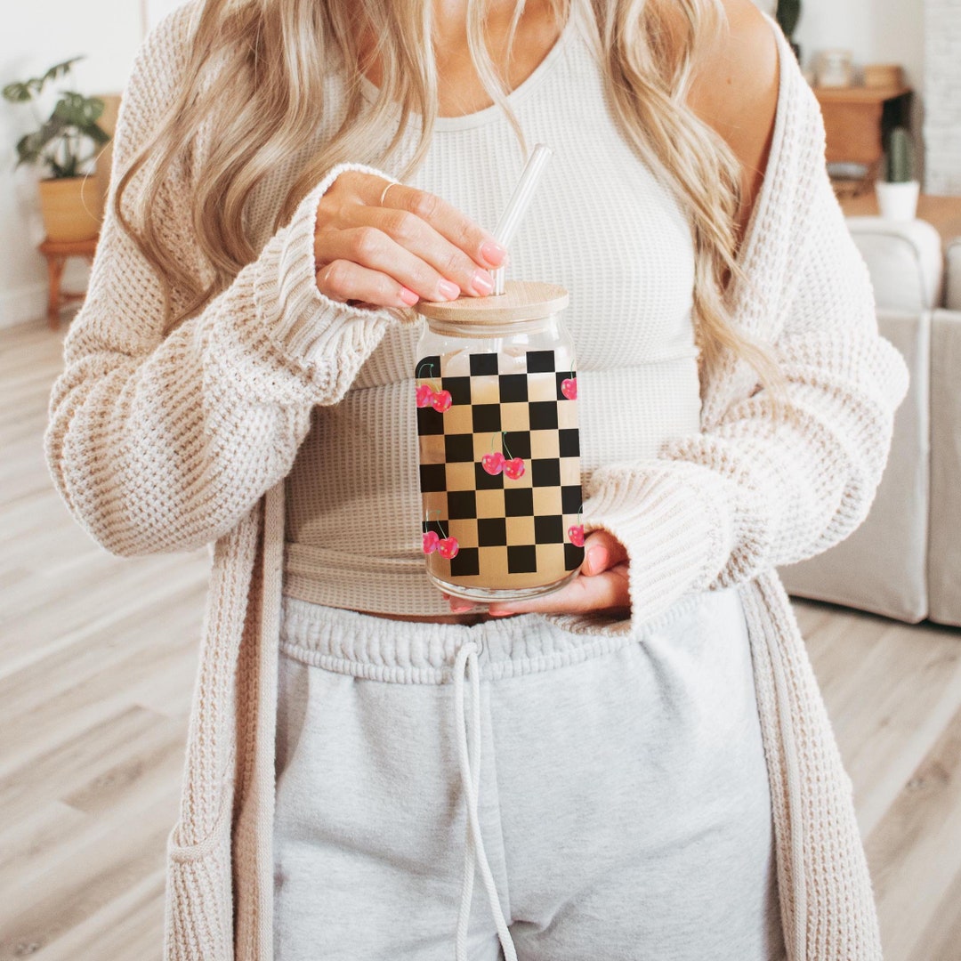 Cherry Checkered Sipper Glass, Retro Cute Cherry Pattern Drinking Glass ...