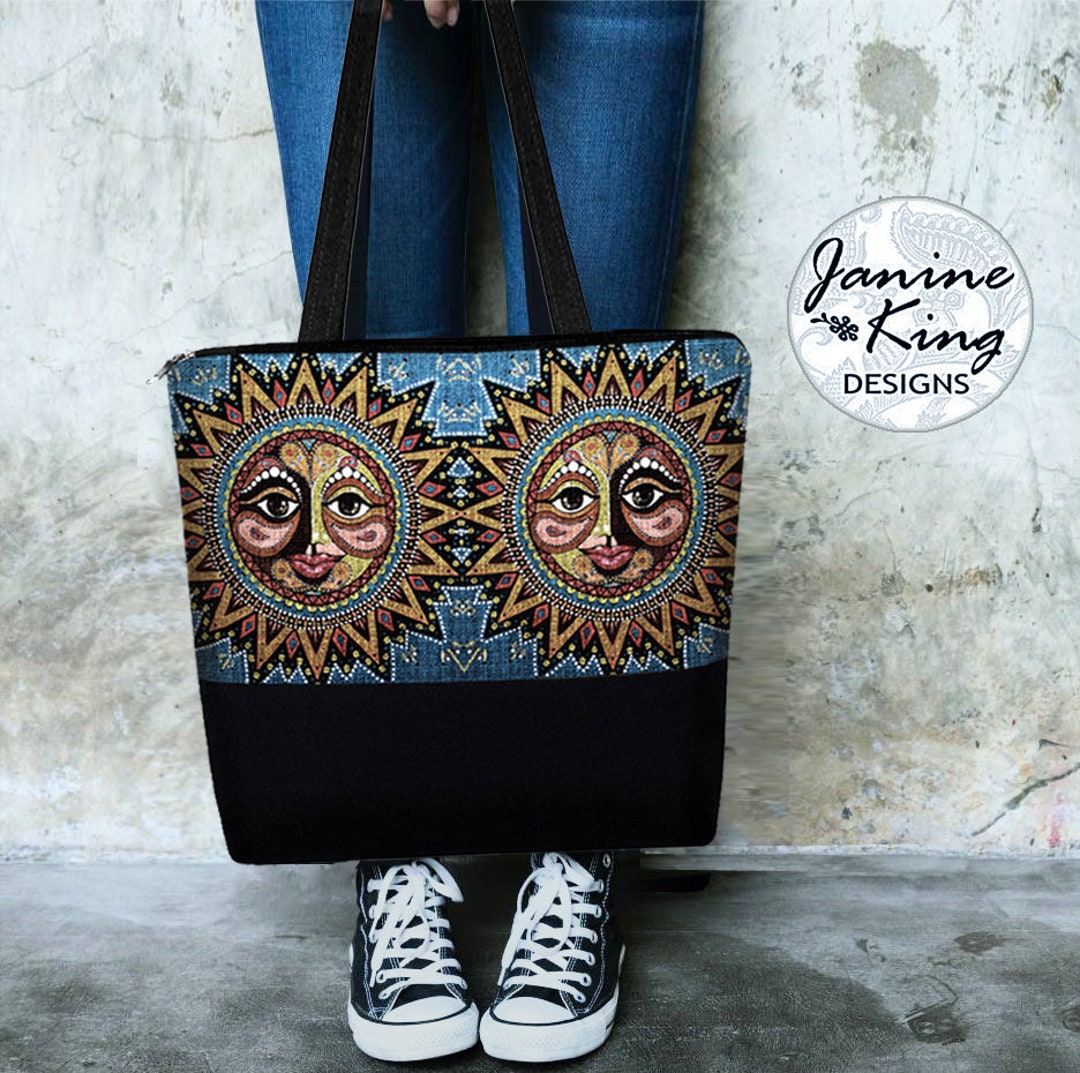 Large Tote Bag With Pockets Handmade Sun Face Art Bag Canvas Tote Bag ...