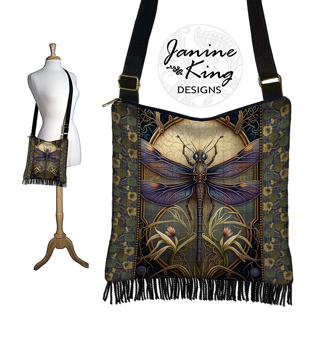 Art Nouveau Dragonfly Hobo Bag Fabric Hippie Bag Fringe Purse Bohemian ...