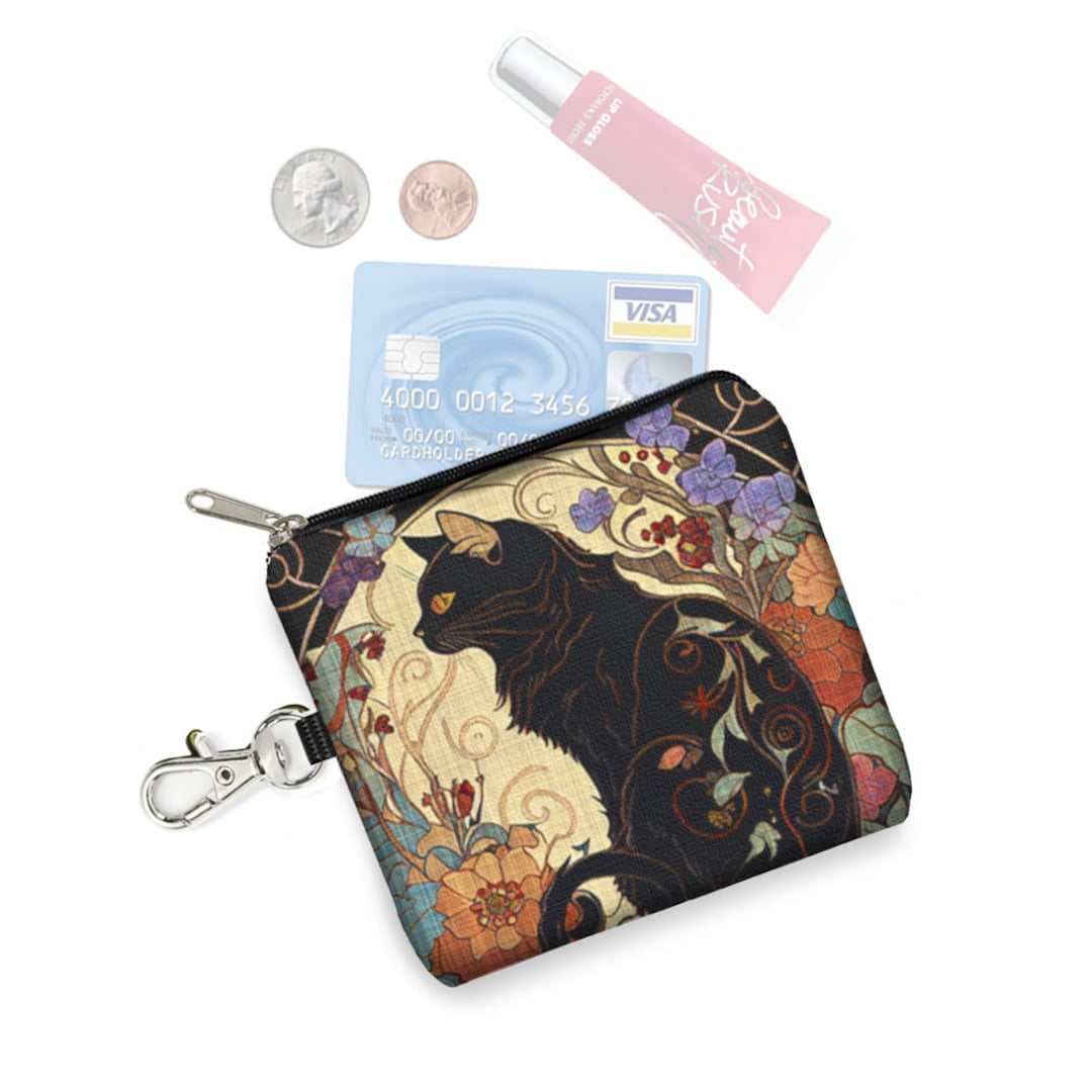 Black Cat Small Zipper Pouch Coin Purse Keychain Art Nouveau Fabric Key ...