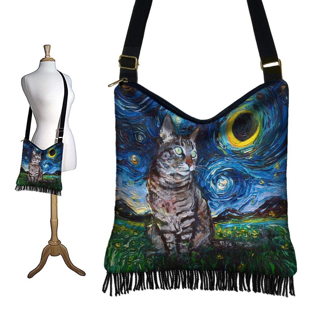 SG Tabby Cat Fringe Purse Starry Night Hippie Bag Boho Hobo Bag ...