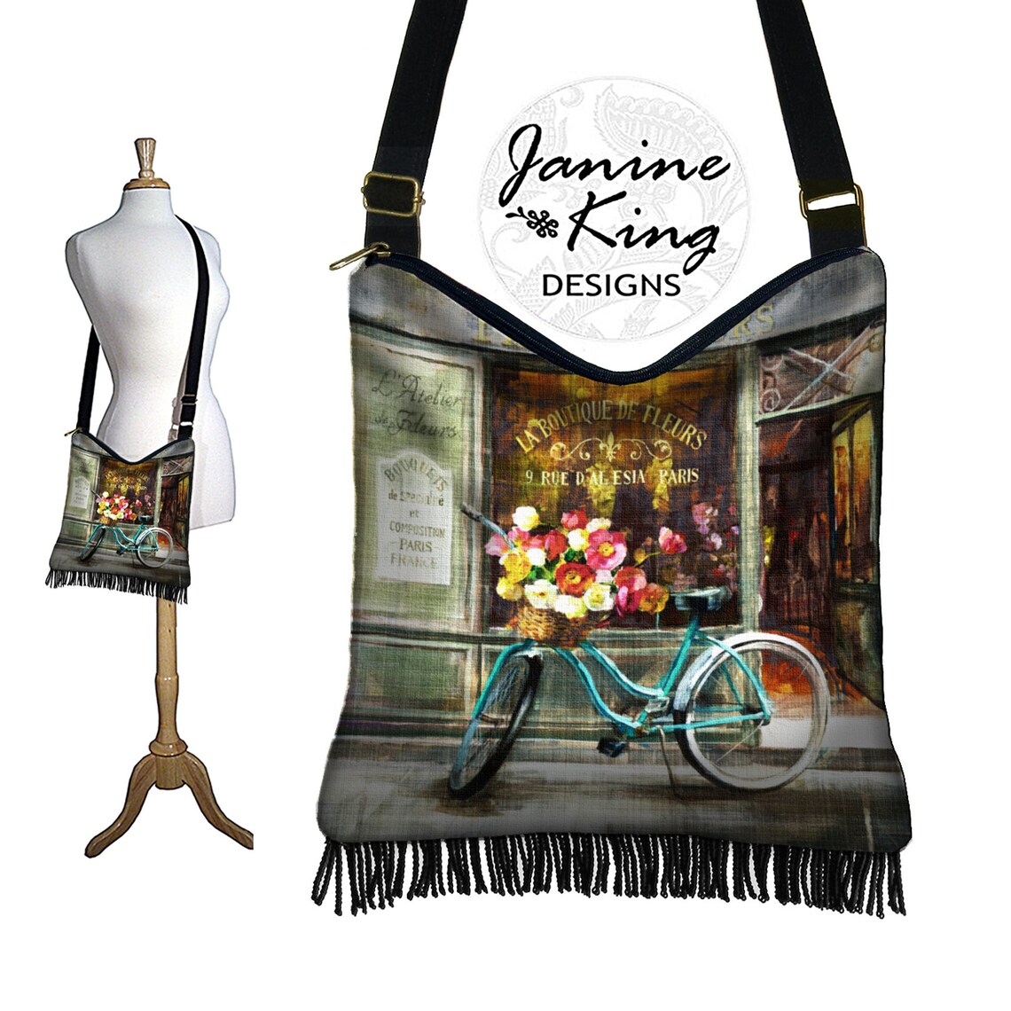 Paris Cafe Bicycle Floral Art Bag Hobo Bag Purse Hippie Bag Crossbody ...
