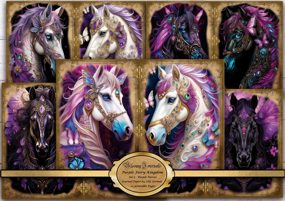 Purple Fairy Kingdom Journal Paper, Set 5 Purple Horses, 10 Digital ...