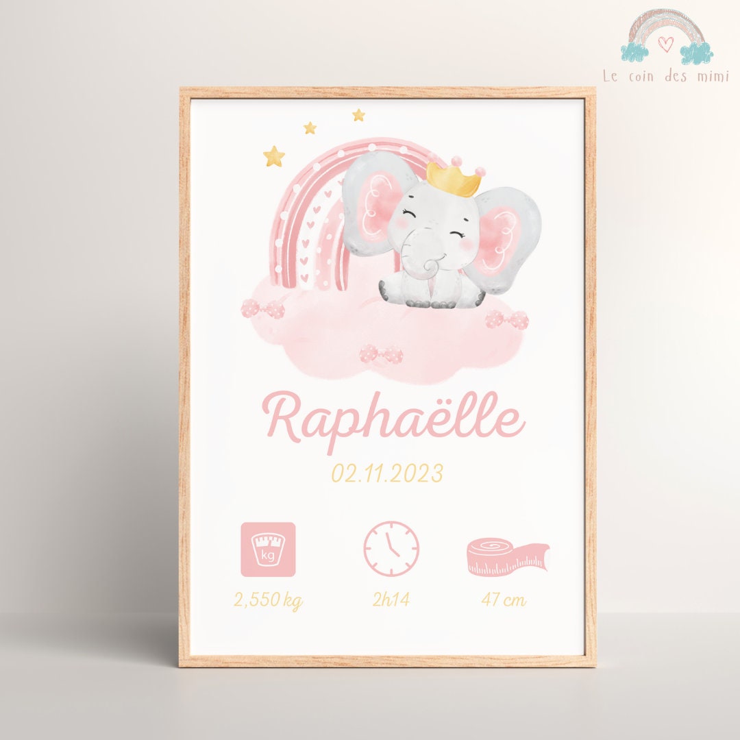 Personalized Pink Elephant Birth Poster, Baby Poster, Birth Gift, Baby ...