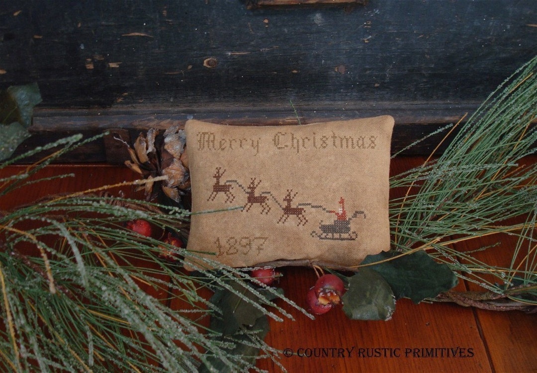 Primitive Merry Christmas 1897 Sleigh Pinkeep Cross Stitch E Pattern ...