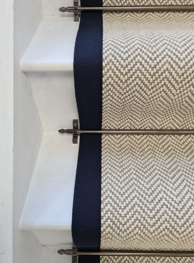 Superb Quality Pure Wool Herringbone Stair Runner With Navy Cotton ...